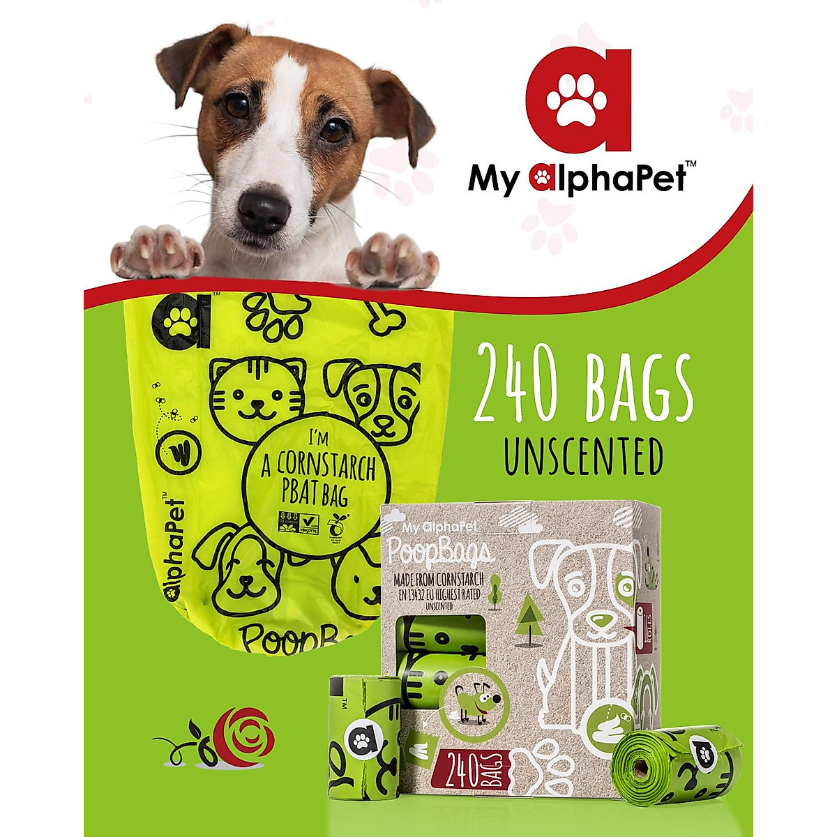 My AlphaPet Compostable Dog Poop Bags, Cornstarch Eco-Friendly, HOME COMPOST NF T 51-800, 240 Count, Large Size Bag 9x13 Inches, 16 Unscented Refill Rolls, Leak-proof, Plantbased, GM-Free Corn (Green)