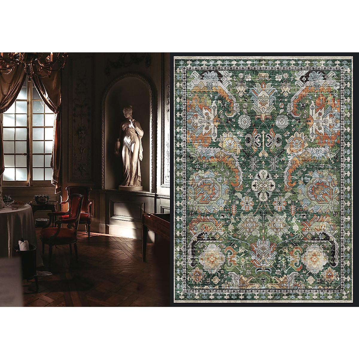 RUGSURE Washable Area Rugs - Perfect for Living Room, Bedroom, Kids Room, Nursery - Stain & Water Resistant Non-Slip, Pet & Child Friendly, Vintage Tribal Area Rugs (Green, 5' x 7')