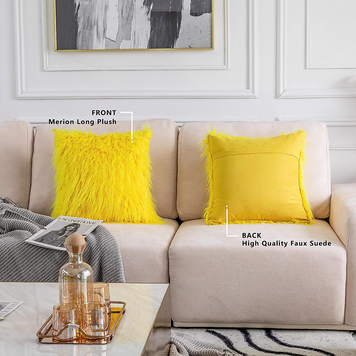 Home Brilliant Yellow Fur Pillow Covers Furry Fuzzy Accent Throw Pillow Covers Decorative for Couch Sofa Bed Summer Decoration Girl Gift, Set of 2 (18 x 18 Inch, Yellow)