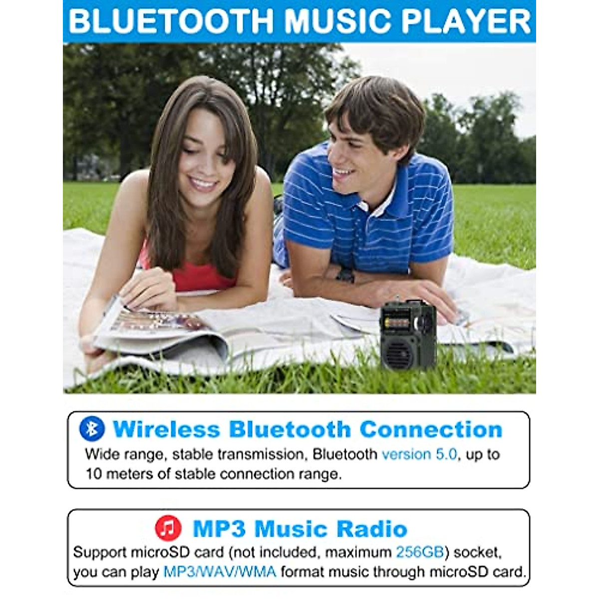 HanRongDa Radio, Bluetooth Speaker Support MicroSD Card, FM MW WB Shortwave Receiver with NOAA Alerts and Sleep Timer, Rechargeable Retro Analog Radios with Backlit and ATS Preset for Camping HRD700