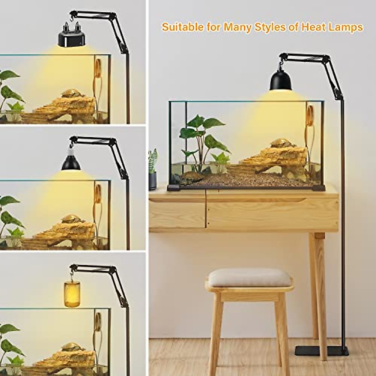 Reptile Lamp Stand with Base Extra Tall Adjustable Height and Width 360° Rotation Floor Reptile Light Holder Stand Bracket Metal Lamp Support for Reptile Glass Tank Terrarium Heating Light (72 inch)