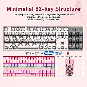 Pink Gaming Keyboard and Mouse,3 in 1 Rainbow LED Backlit Wired Mechanical Keyboard Blue Switch,RGB 6400 DPI Lightweight Gaming Mouse with Honeycomb Shell Gaming Mouse Pad for PC Gamers(Pink)