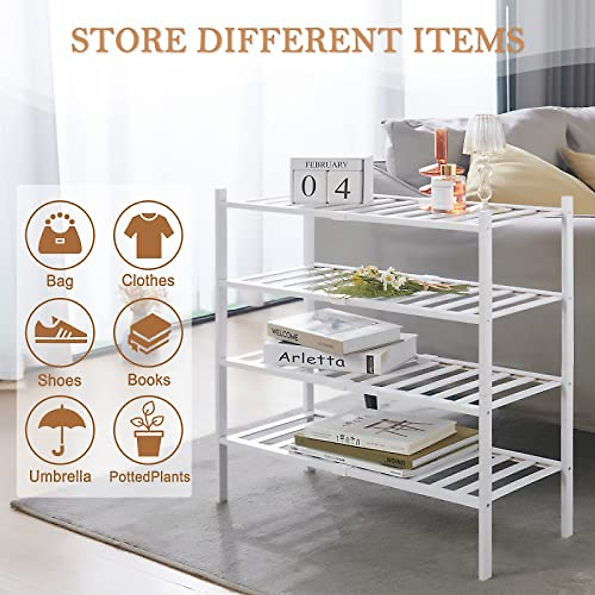 quiqear Bamboo Shoe Rack, 4 Tier Shoe Rack Organizer, Stackable & Durable Shoe Shelf Holder, Free Standing Shoe Racks, Shoe Storage Organizer for Entryway, Closet, Hallway (White)