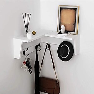 WELLAND Corner Shelf Wall Mounted, Corner Floating Coat Rack Shelf, Corner Hanging Coat Rack with 4 Hooks