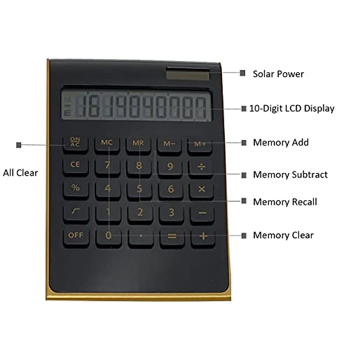 Solar Gold Calculator Standard Function Desktop Calculator LCD 10-Digit Desktop Calculator for Office, Home, (Black)