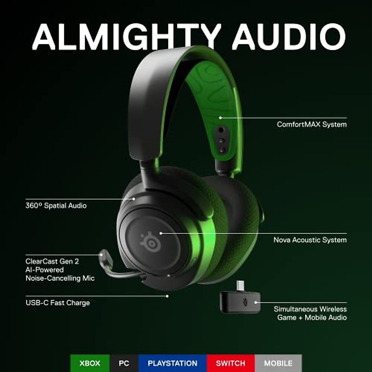 SteelSeries New Arctis Nova 7X Multi-Platform Gaming & Mobile Headset — Nova Acoustic System — Simultaneous Wireless 2.4GHz + Bluetooth — 38Hr Battery — USB-C — Xbox, PC, PS, Switch, Mobile