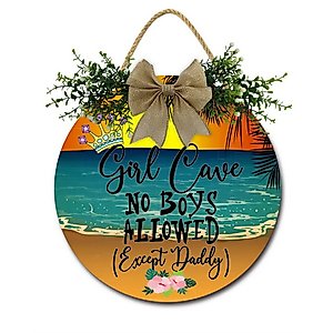 Girl Room Door Sign Girls Bedroom Decor No Boys Allowed Sign For Girls Bedroom Stuff For Teen Girls Kids Baby Door Wall Decorations Round Wood Wreath Girl Cave Round Door Hanging Sign 11"