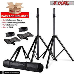 5 Core Speaker Stand Pair Tripod Floor Heavy Duty Adjustable Up to 72 Inch DJ Studio Monitor Stands Pole Mount - SS HD 2PK BLK Bag
