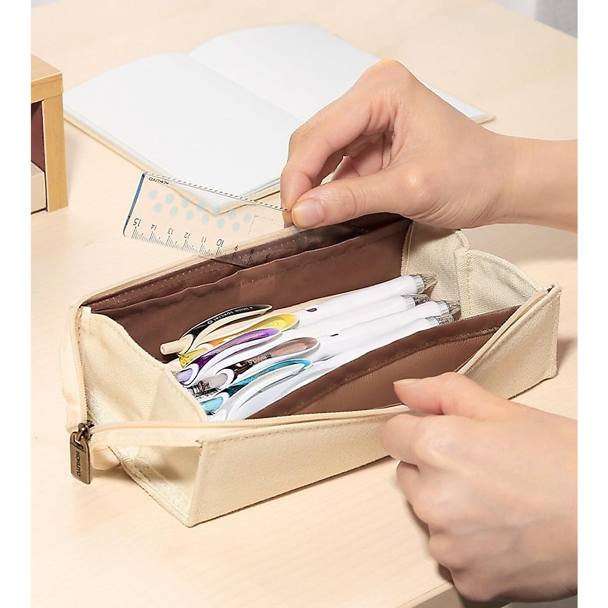 JHTPSLR Light Academia Aesthetic Pencil Pouch Small Canvas Pencil Pouch Preppy Pencil Pouch Solid Square Pencil Case Pen Bag Stationery Storage and Organizer Supplies (Beige)