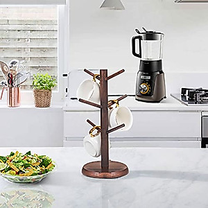 Dorhors Coffee Mug Holder,Coffee Mug Tree,Coffee Organizer Station with 6 Hooks,Wood Coffee Mug Holders for Counter,Coffee Bar Accessories and Decor,Walnut