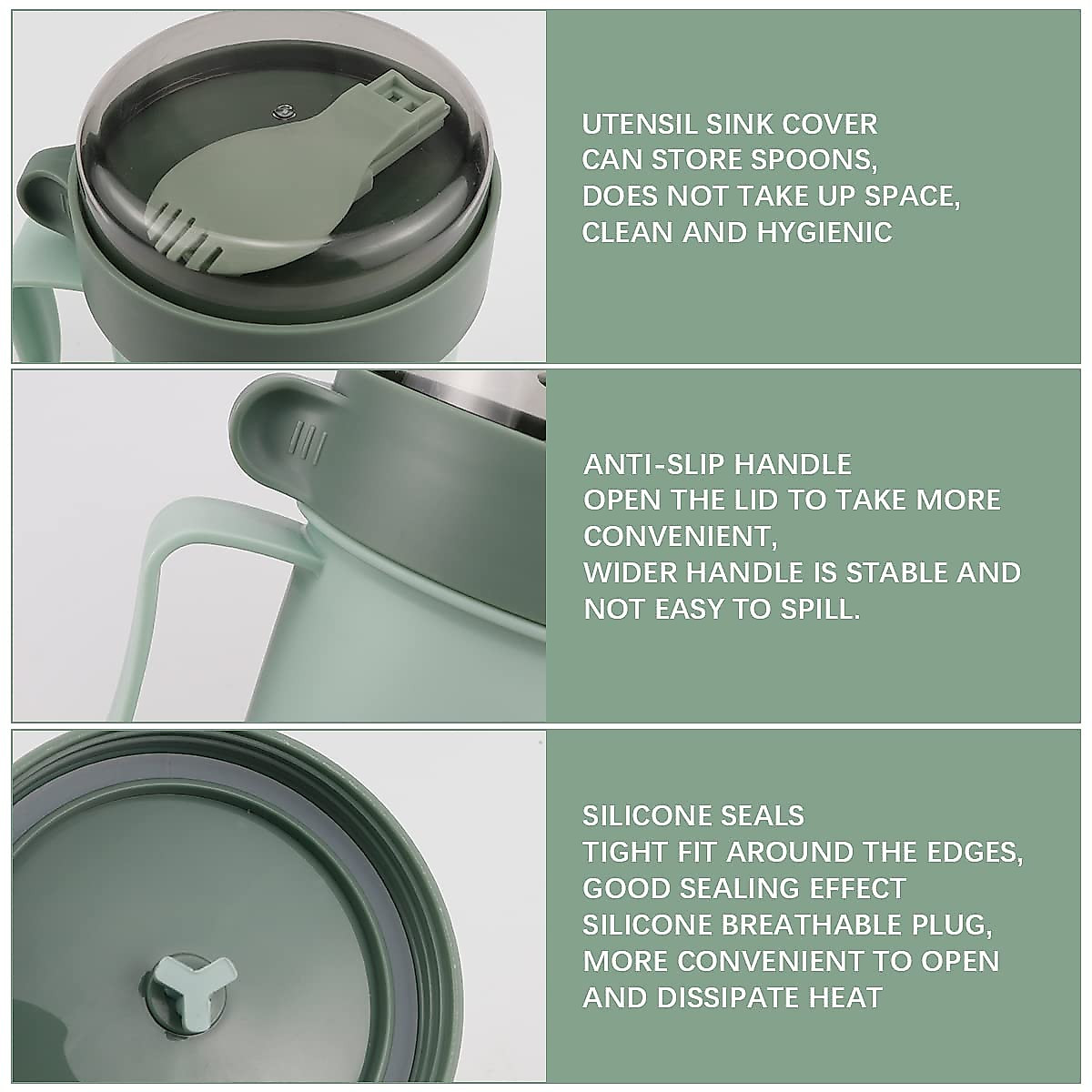LNQ LUNIQI Microwaveable Breakfast Cup with Lid and Spoon,500ml Portable Soup Mug with Handles for School Office Outdoor Travel （Green）