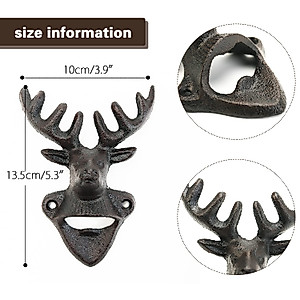 Sungmor Wall Mounted Bottle Opener, Cast Iron Cool Deer Head Bottle Opener, Beer Coke Beverage Bottle Cap Opener, Vintage Rustic Style Wall Hanging Opener, Bar Farmhouse Wall Ornament, Practical Gift