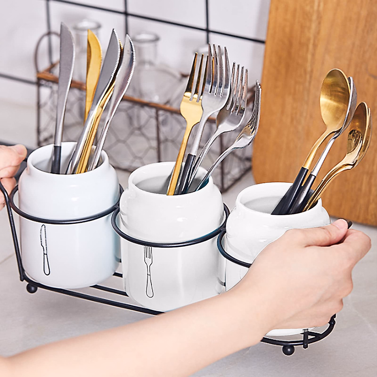 4 Piece Silverware Holder for Organizer Countertop White Ceramic Silverware Caddy with Black Metal Rack, Fork Spoon Utensil Holder Flatware Organizers Cutlery Storage for Kitchen Tabletop Cabinet