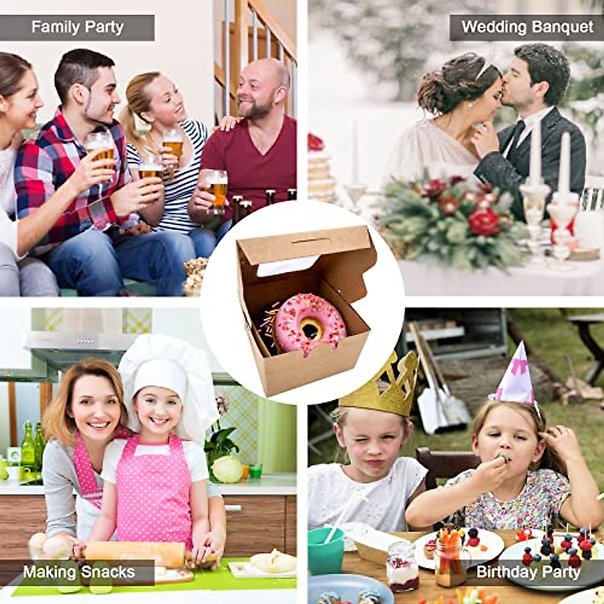 DONGYAN Bakery Boxes 4x4x2.5 Inch, 20 Packs Cookie Boxes with Window, Cup Cake Box for Pastry, Dessert, Donut, Chocolate, Strawberry, Including DIY Cards and Decorative Bouquets