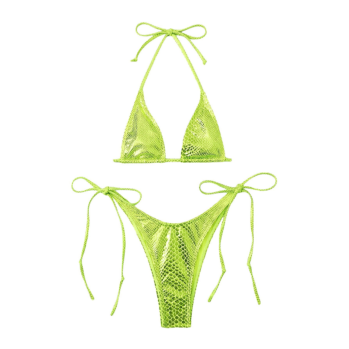 SOLY HUX Women's Sexy Snakeskin Print Halter Triangle Tie Side Bikini Set Bathing Suits 2 Piece Swimsuit Lime Green S