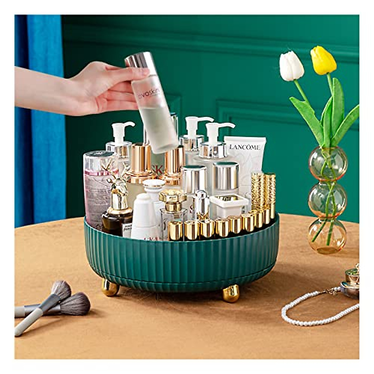 360° Rotating Storage Tray, 11.02 inches in Diameter, Cosmetics and Perfume Organizer, Desktop Storage Tray, Cosmetics and Skincare Storage Tray Large Capacity, Large Dark Green (11.02"×11.02"×3.93")