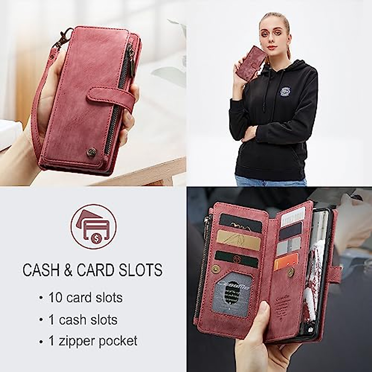 SLLMYYX Wallet Case Compatible with Samsung Galaxy S9 Plus, Luxury PU Leather Handbag Zipper Pocket Case 10 Card Slots and Wrist Strap (Red)