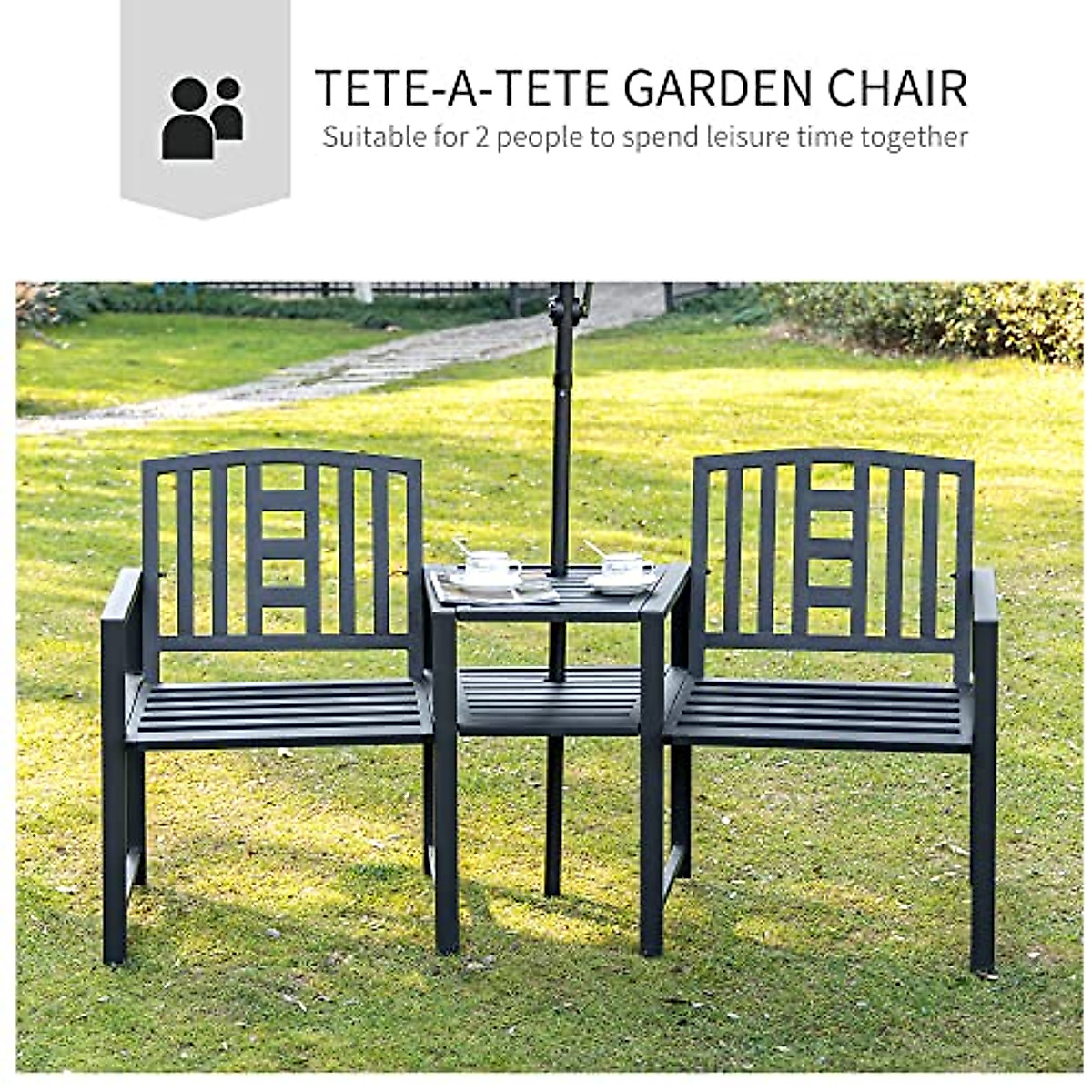 Outsunny Tete-a-Tete Outdoor Bench with Center Table & Umbrella Hole, Garden Bench for 2-Person, Metal Frame Patio Loveseat with Armrest, Slatted Backrest and Seat, Black