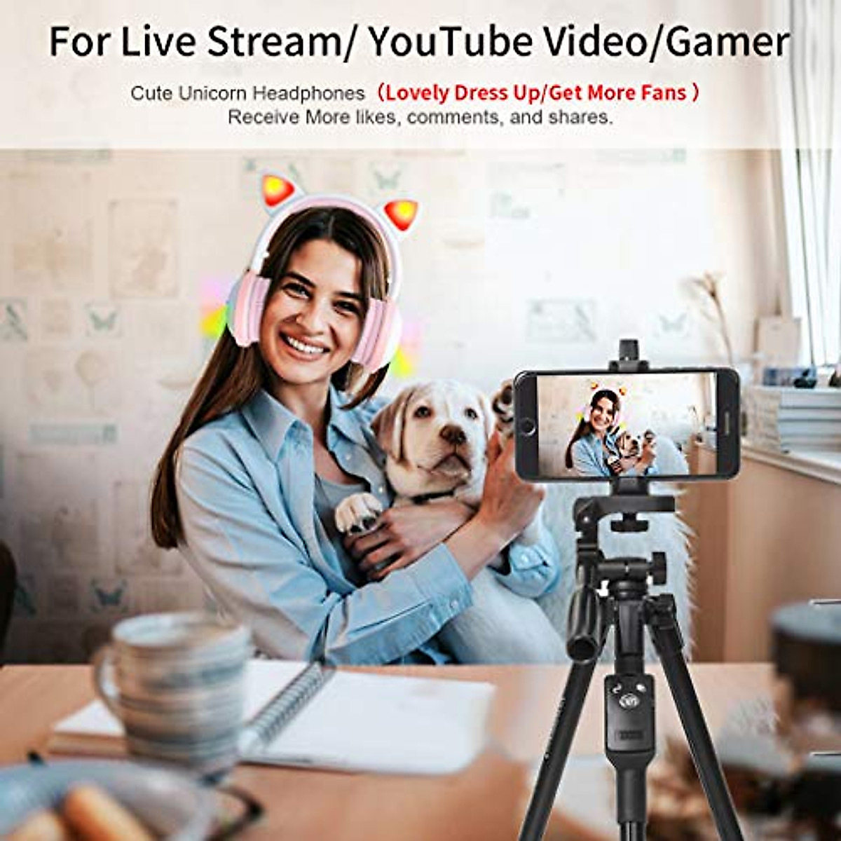 Kids Headphones, Wireless Cat Ear LED Light Up Bluetooth Headphones for Girls w/Microphone, Over On Ear Headset for School/Kindle/Tablet/PC Online Study Birthday Xmas Gift (Pink)