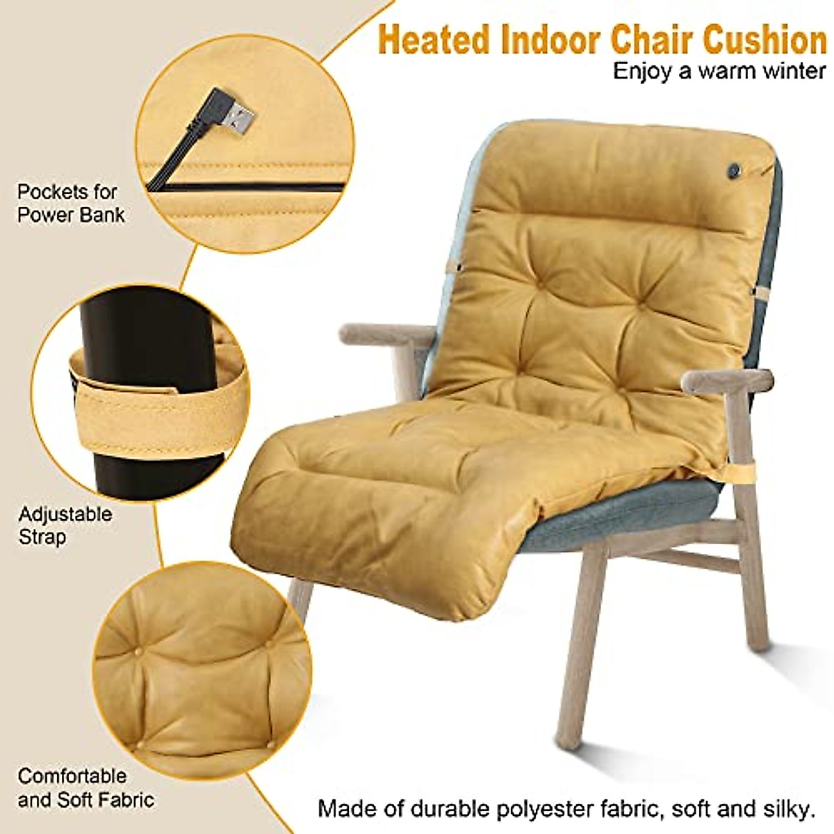 OUHOU Heated Seat Cushion, Heated Chair Cover, 3 Mode Adjustable Warm Seat Cushion, USB-Powered Heating Seat Cover for Home, Office Chair and More(Yellow)