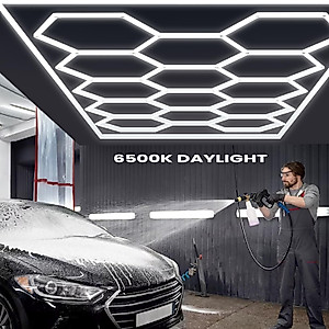 firstake Hexagon Garage Lights - 6500K Daylight White, 672W 80640LM Super Bright Aluminum Shell Hexagon LED Shop Lights with White Border, 14 Grids Hexagon LED Lights for Garage, Car Wash Room