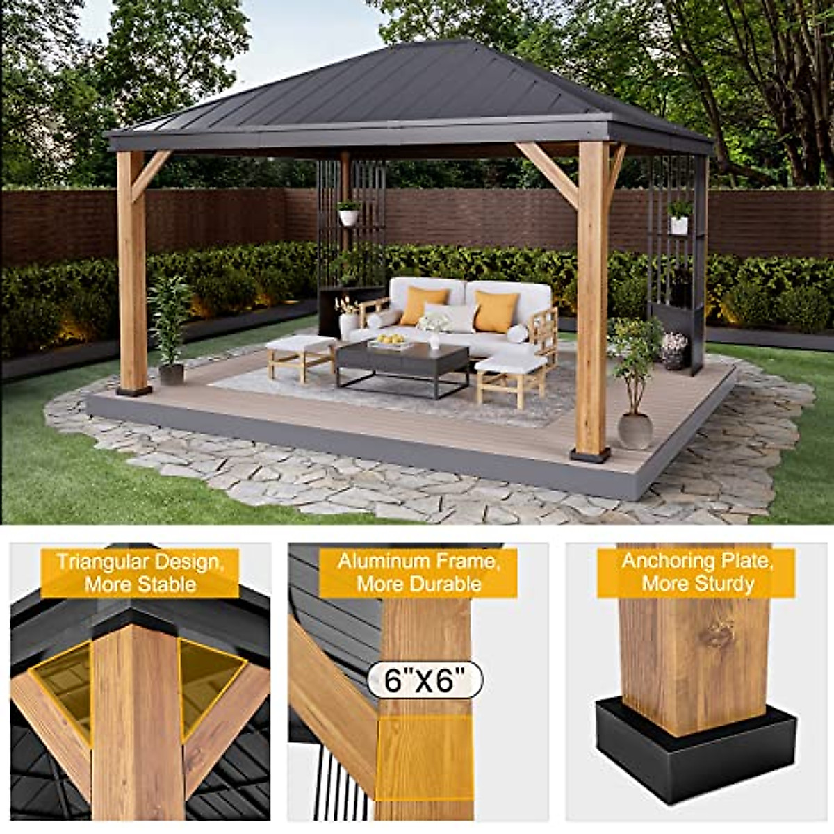 OLILAWN Gazebo 12x14, Outdoor Hardtop Gazebo with Large Aluminum Frame, Galvanized Steel Top Gazebo with Drainage System, All-Weather Metal Gazebo Pavilion with Display Shelves, for Patio Garden Lawns