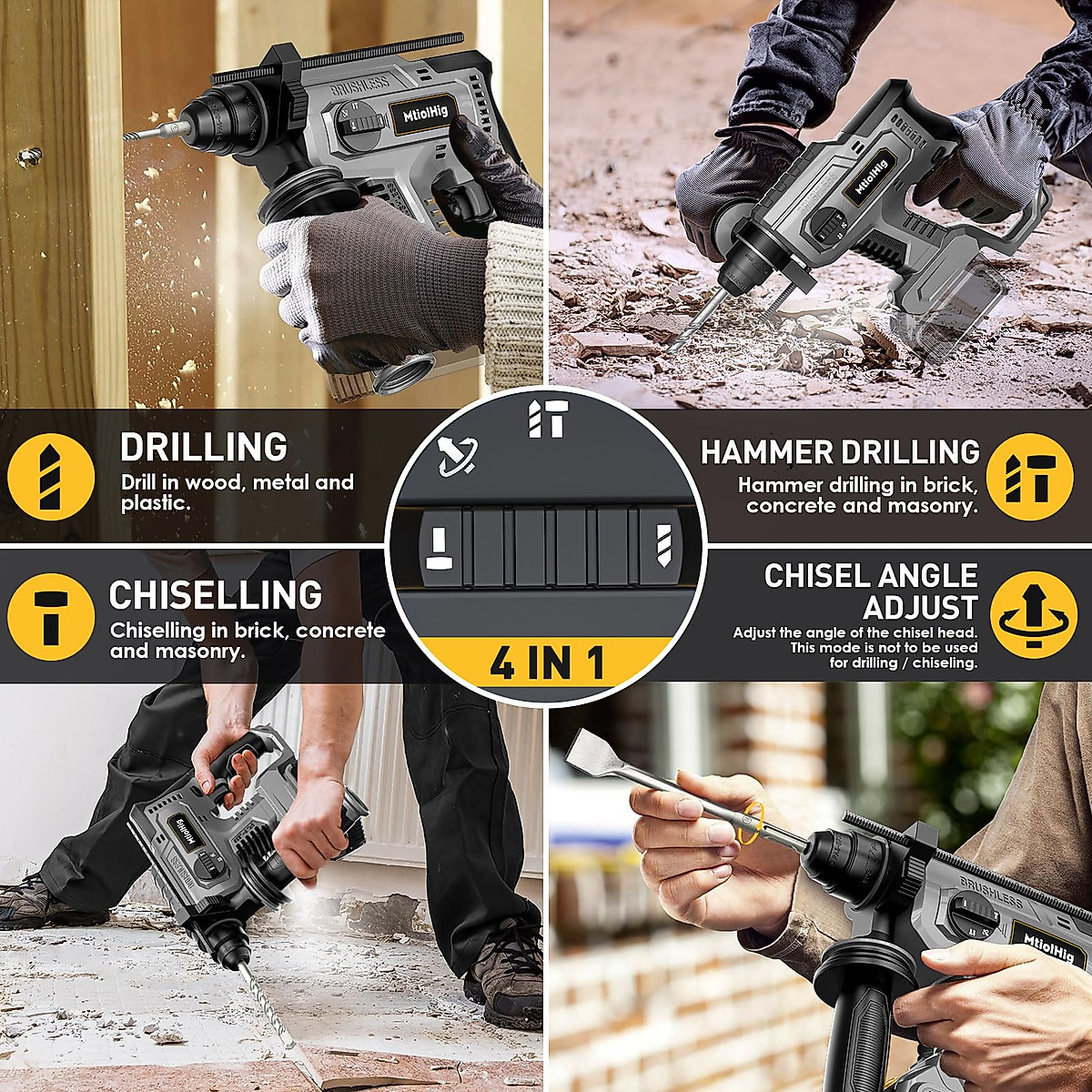 Cordless Rotary Hammer Drill for Dewalt 20V MAX Battery, Brushless SDS-Plus Hammer Drill with Safety Clutch for Concrete/Masonry, 1500 RPM, 4 Modes with 360°Auxiliary Handle, Including 4 Drill Bits