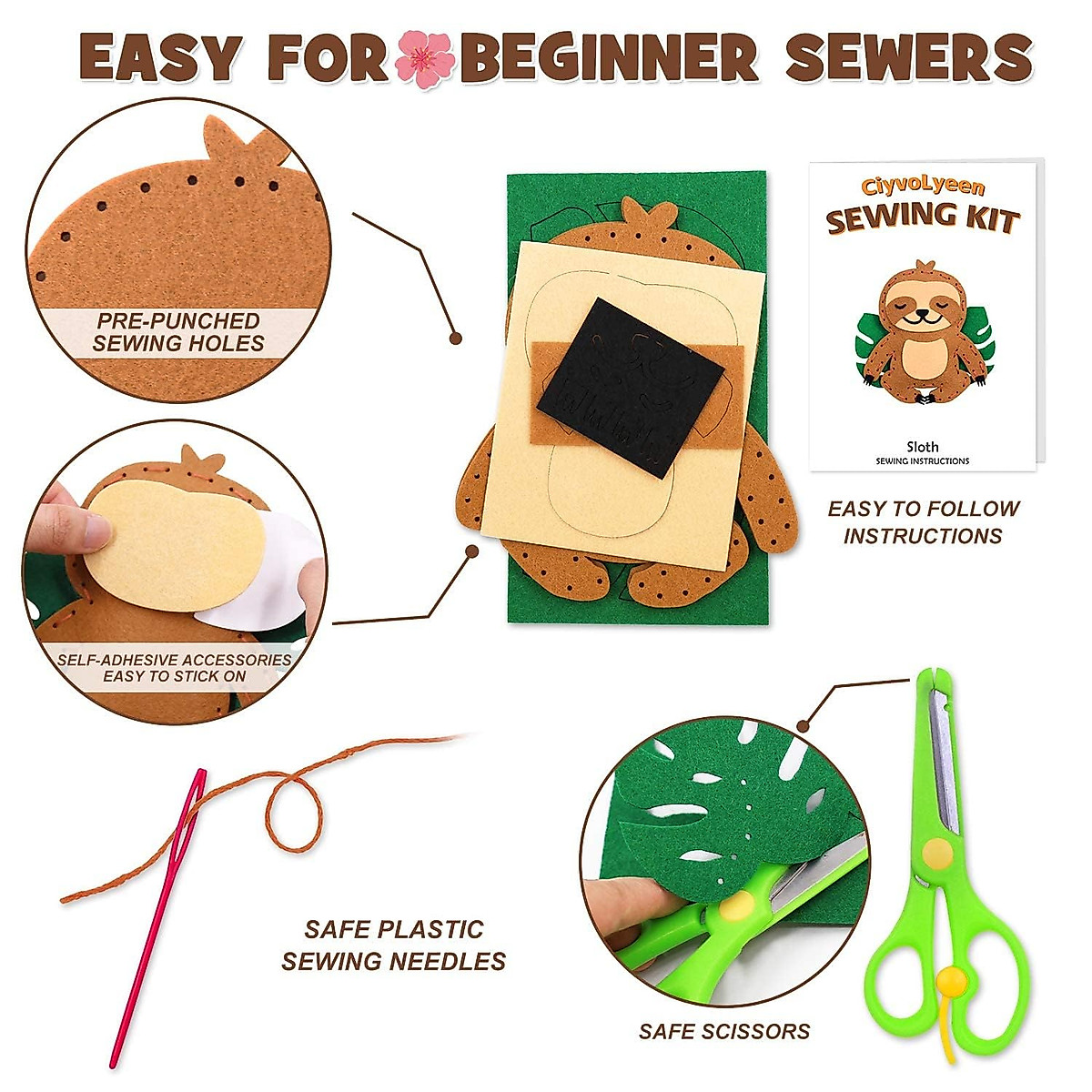 CiyvoLyeen Sloth Sewing Craft Kit Jungle Animal DIY Craft Sewing Kit for Girls and Boys Educational Sewing Kits for Kids Age 8 9 10 11 12 Craft Kit Includes 8 Projects