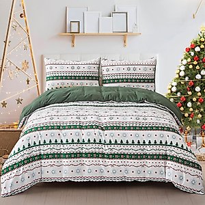 Cottolester Christmas Duvet Cover Queen Size Christmas Tree Snowflake Bedding Set Striped Duvet Cover Lightweight Soft Microfiber Bedding Set(Green,3PC)