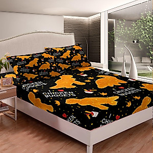 Chicken Nuggets Fitted Sheet Queen Size Kids Cute Dino Bedding Set for Boys Teens Dinosaur Bed Sheet Set Fried Food Print Bed Cover Room Decor