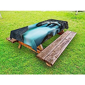Ambesonne Landscape Outdoor Tablecloth, Waterfall Basalt Rocks Rural Scenery National Park Nature Woods Photo, Decorative Washable Picnic Table Cloth, 58" X 84", Sky Blue Grey Green