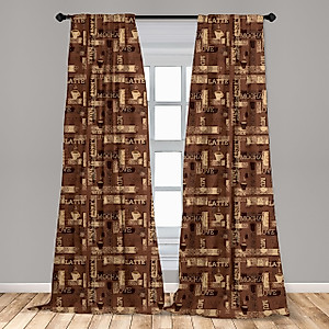 Ambesonne Coffee Window Curtains, Cafeteria Pattern with Hot Mocha Latte Milk Love Typography on Scribble Backdrop, Lightweight Decor 2-Panel Set with Rod Pocket, Pair of - 28" x 84", Beige Brown