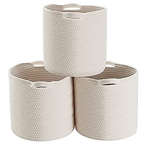 Ornavo Home 3 Pack Woven Cotton Rope Storage Shelf Basket with Handles, Closet Shelf Storage Fits 12" inch Cube - 11x11x11 - Cream