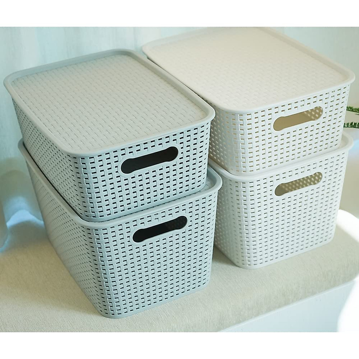 OLLIC Plastic Bins Large Storage with Lids | Korean Organizer Bin Basket Set for Organizing Baskets in Closet and Home (WHITE, LARGE_4PK)