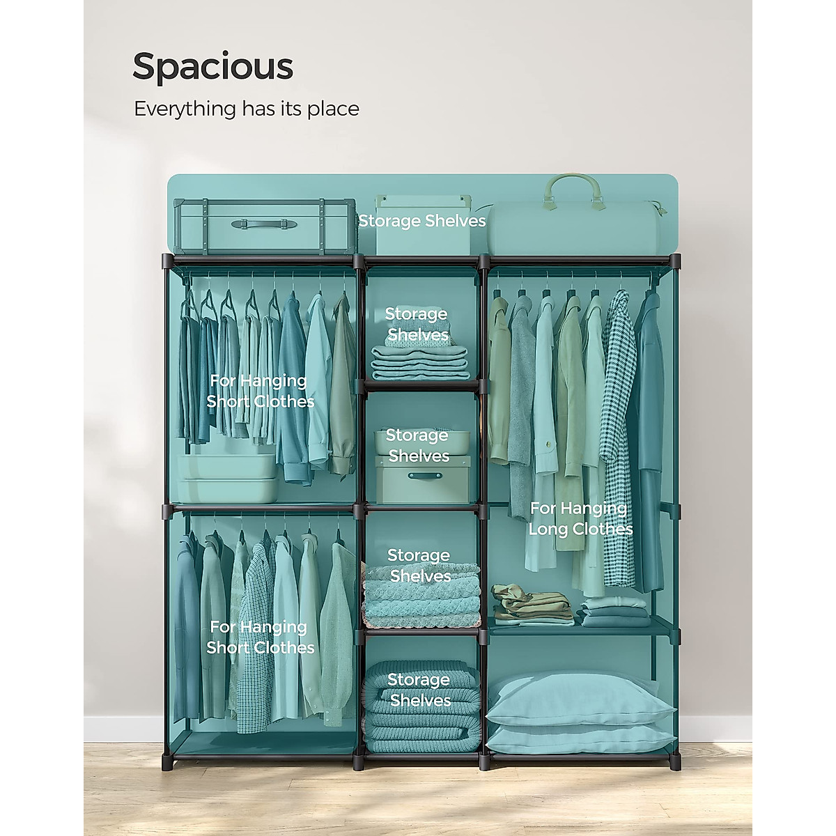 SONGMICS Portable Closet, Freestanding Closet Organizer, Clothes Rack with Shelves, Hanging Rods, Storage Organizer, for Cloakroom, Bedroom, 71.7 x 16.9 x 71.7 Inches, Black URYG037B02