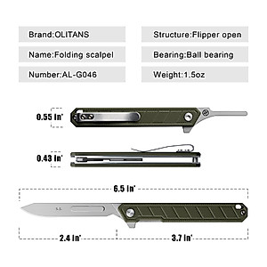 OLITANS G046 Mecha Mini Slim Folding Scalpel with 5pcs #24 and 5pcs #60 G14 Handle with Liner Lock, Utility EDC Pocket Knife with Back Clip（Green）