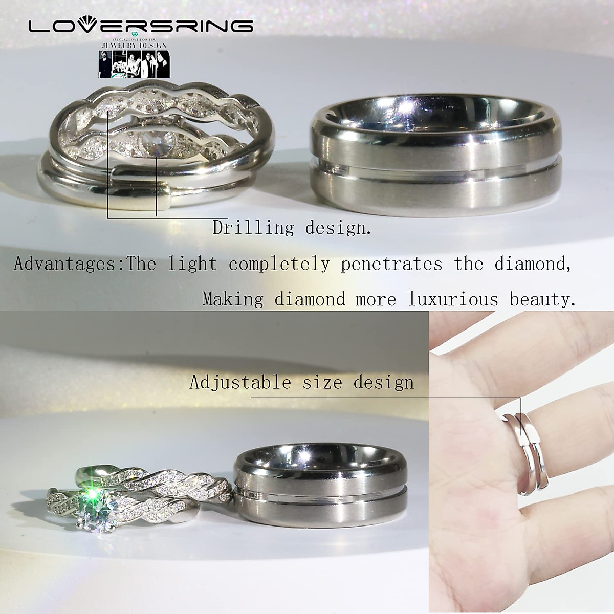 His And Hers Promise Ring Adjustable size Wedding Ring Sets His And Hers Couples Women 925 Sterling Silver Round Cz Man Titanium Wedding Bands
