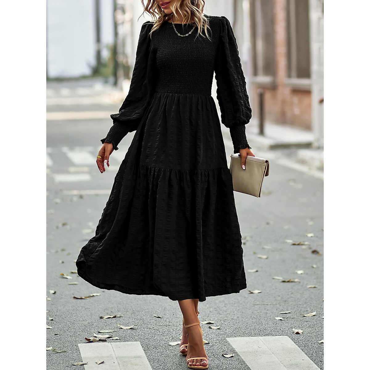 PRETTYGARDEN Women 2024 Puff Long Sleeve Crewneck Smocked Maxi Dress Solid Empire Waist Tiered A-line Swing Flowy Long Dress(Black,Medium)