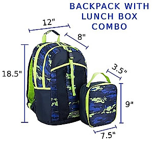 FUEL Backpack with Lunch Box Combo – 18” Two Compartment Water Resistant Durable Adjustable Straps with Side Water Bottle Pockets 2 in 1 Set - Blue w/Neon Digital