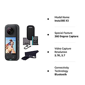 insta360 X3 360 Degree Waterproof Action Camera, 5.7K 360, Stabilization, Touch Screen, AI Editing, Live Streaming, Webcam, Voice Control, Black