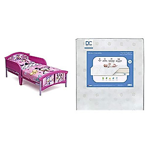 Delta Children Plastic Toddler Bed, Disney Minnie Mouse + Delta Children Twinkle Galaxy Dual Sided Recycled Fiber Core Toddler Mattress (Bundle)