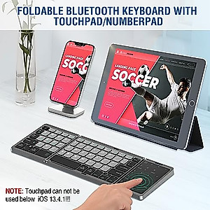 EDJO Foldable Bluetooth Keyboard, Rechargeable Portable Wireless Keyboard with Touchpad & Number Pad for Android, Windows, iOS, PC/Laptop/Smartphone/Tablet (Grey)