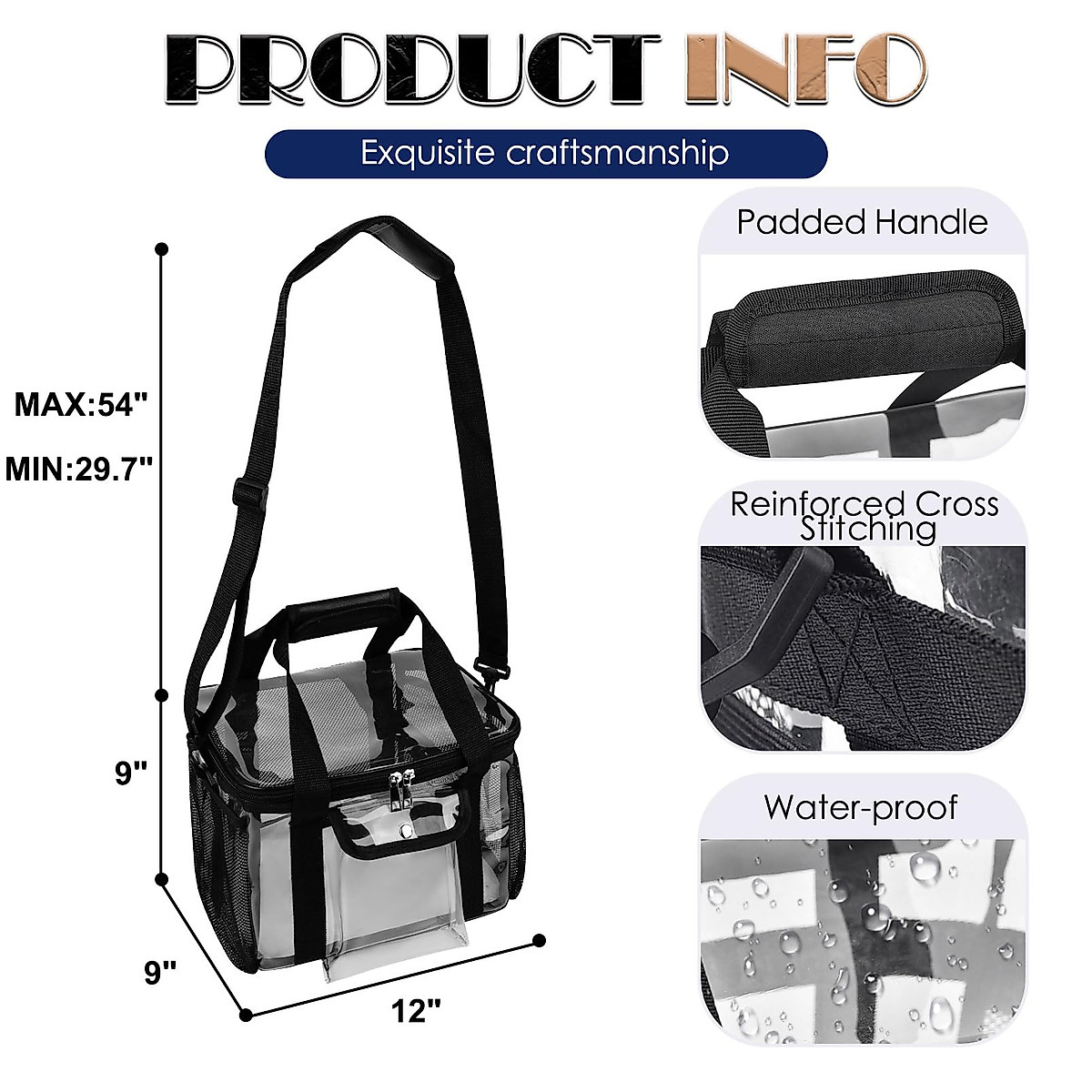 DST Gainbow Clear Lunch Bags For Work, 24-Can Large Transparent Lunch Bag Stadium Approved, Clear Tote Bag with Adjustable Strap and Front Pocket for Men Women(12"x 9" x 9" Black)