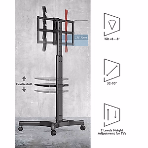 FITUEYES Tall TV Cart Mobile TV Stand for 32 to 70 Inch LED LCD Flat Curved Screen TVs Rolling Black Swivel Floor Stand with Height Adjustable Shelf & Lockable Casters - VESA 600x400mm, holds up 88lbs