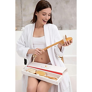 Dry Brushing Body Brush Set – Natural Bristle Spa Exfoliator Kit with Face Cleansing Brush, Long Dry Brushing Body Brush for Lymphatic Drainage & Massaging Cellulite Brush for Smooth, Radiant Skin