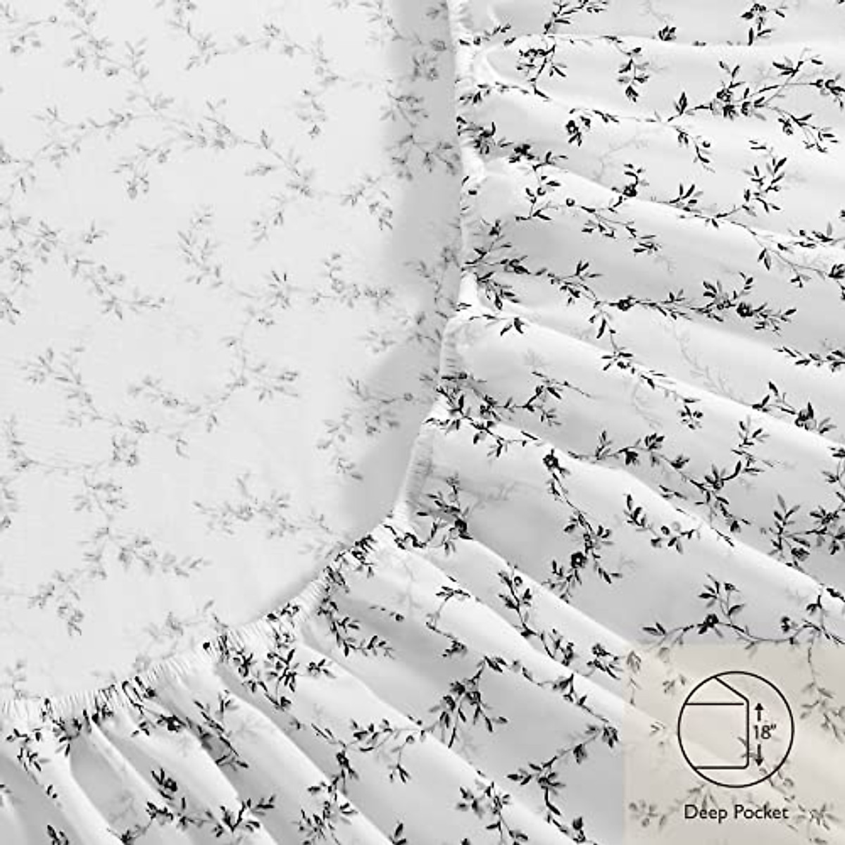 Laura Ashley Home - Queen Sheets, Soft Sateen Cotton Bedding Set - Sleek, Smooth, & Breathable Home Decor (Saras Sprig Black, 4 pieces, Queen)