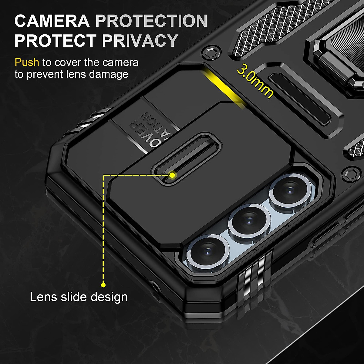 THMEIRA Phone Case for Samsung Galaxy S23 FE, Military Grade Samsung Galaxy S23 FE Case with Screen Protector [2 Pack] with Slide Camera Cover, Built-in Magnetic Ring Kickstand, Black