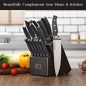 Master Maison Gray Kitchen Knife Set With Knife Block & Bonus Cleaver | German Stainless Steel Knives With Knife Sharpener & 6 Steak Knives | Professional Butcher Block Knife Sets For Kitchen