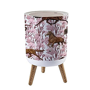 Round Trash Can with Press Lid Running horse and floral seamless for printing on textilesWallpaper Small Garbage Can Trash Bin Dog-proof Trash Can Wooden Legs Waste Bin Wastebasket 7L/1.8 Gallon