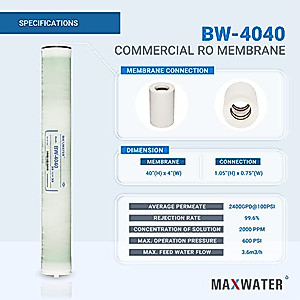 Max Water Brackish Water RO Membrane Element-BW-4040 2400 GPD, Commercial Reverse Osmosis size 4" x 40" good for Industrial, Car Wash, Whole House & more